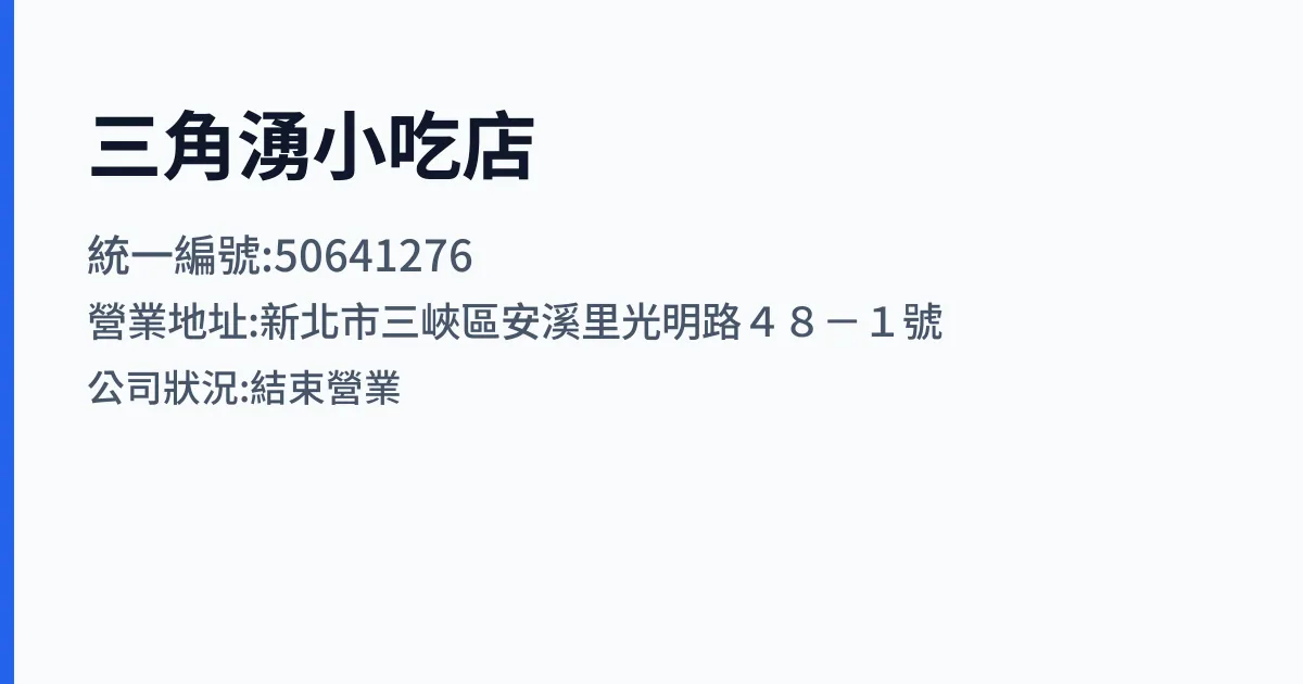 三角湧小吃店 - 統編 50641276(新北市) 公司登記資料與營業項目詳細圖表
