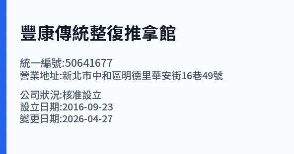 豐康傳統整復推拿館的照片-統編 50641677(新北市) 公司登記資料與營業項目詳細圖表