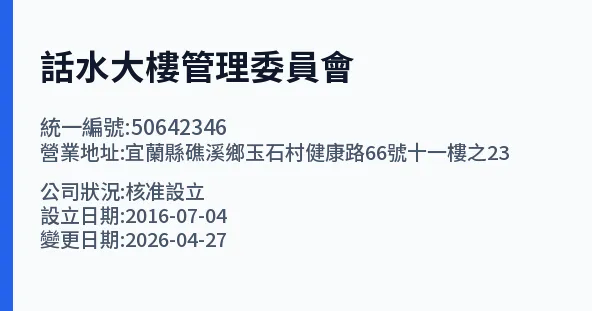 話水大樓管理委員會的照片-統編 50642346(宜蘭縣) 公司登記資料與營業項目詳細圖表