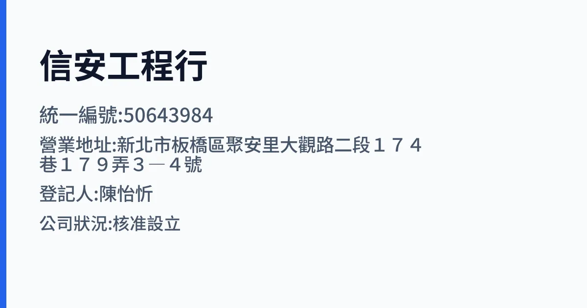 信安工程行 - 統編 50643984(新北市) 公司登記資料與營業項目詳細圖表