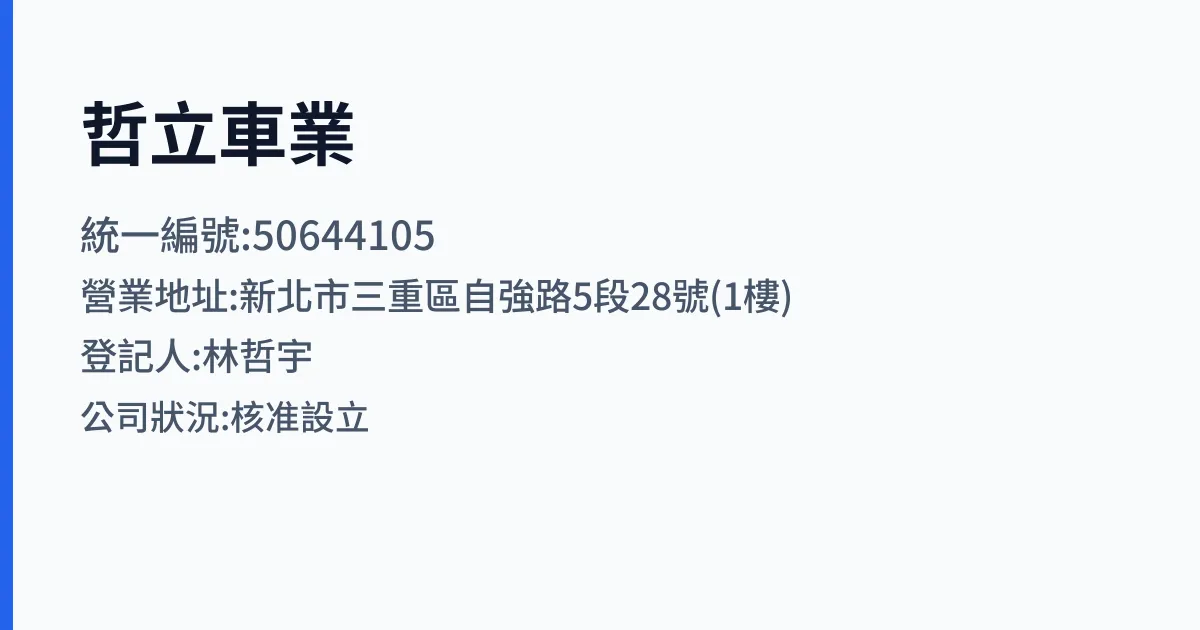 哲立車業 - 統編 50644105(新北市) 公司登記資料與營業項目詳細圖表