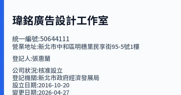 瑋銘廣告設計工作室的照片-統編 50644111(新北市) 公司登記資料與營業項目詳細圖表