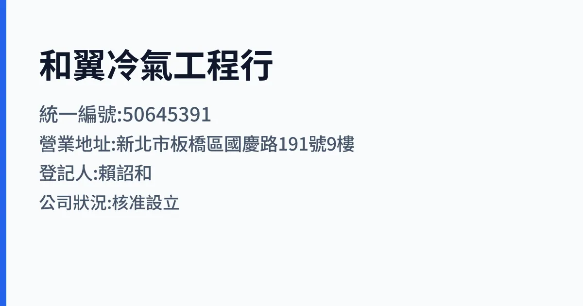 和翼冷氣工程行 - 統編 50645391(新北市) 公司登記資料與營業項目詳細圖表