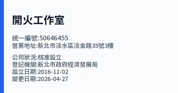開火工作室的照片-統編 50646455(新北市) 公司登記資料與營業項目詳細圖表