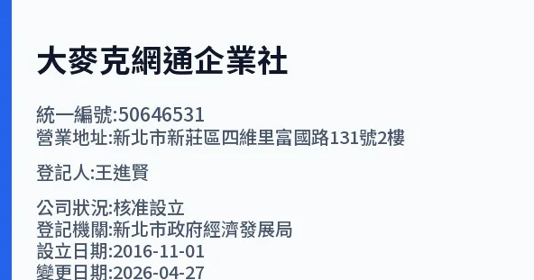 大麥克網通企業社的照片-統編 50646531(新北市) 公司登記資料與營業項目詳細圖表