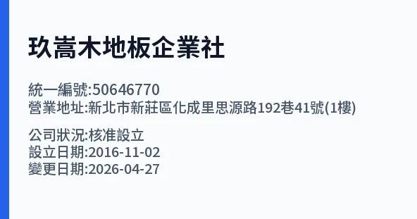玖嵩木地板企業社的照片-統編 50646770(新北市) 公司登記資料與營業項目詳細圖表