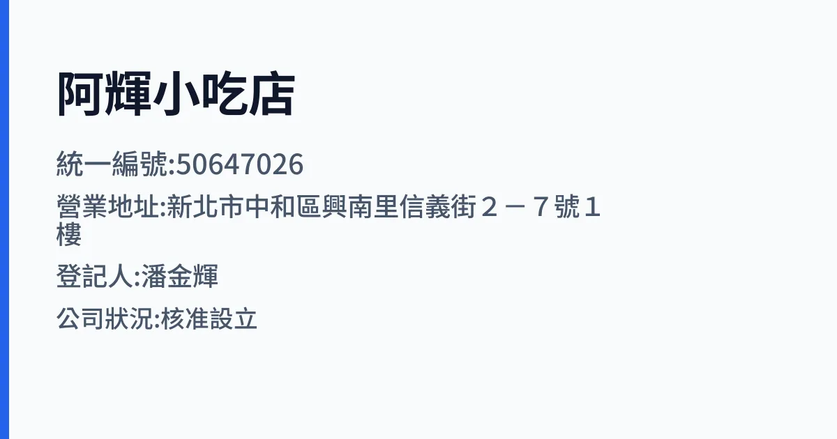 阿輝小吃店 - 統編 50647026(新北市) 公司登記資料與營業項目詳細圖表