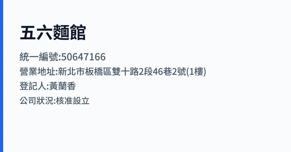 五六麵館 - 統編 50647166(新北市) 公司登記資料與營業項目詳細圖表
