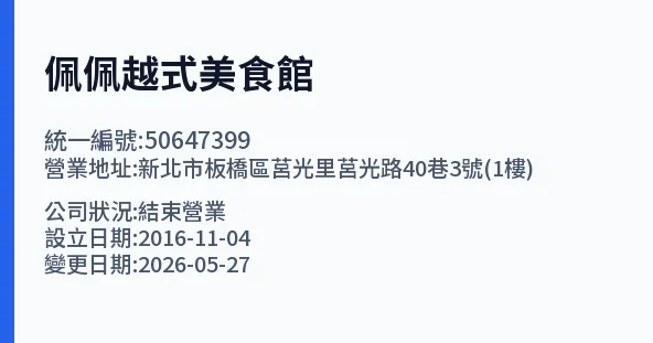 佩佩越式美食館的照片-統編 50647399(新北市) 公司登記資料與營業項目詳細圖表