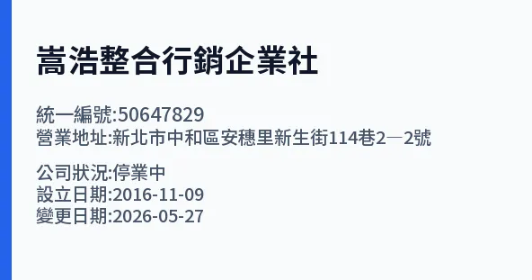 嵩浩整合行銷企業社的照片-統編 50647829(新北市) 公司登記資料與營業項目詳細圖表