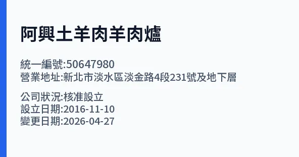 阿興土羊肉羊肉爐的照片-統編 50647980(新北市) 公司登記資料與營業項目詳細圖表