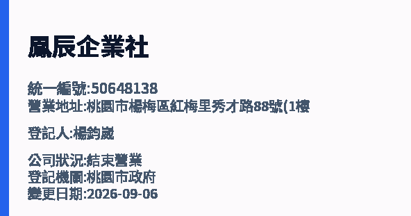 鳳辰企業社的照片-統編 50648138(桃園市) 公司登記資料與營業項目詳細圖表