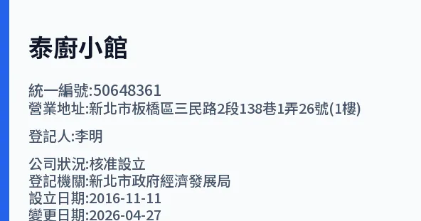 泰廚小館的照片-統編 50648361(新北市) 公司登記資料與營業項目詳細圖表