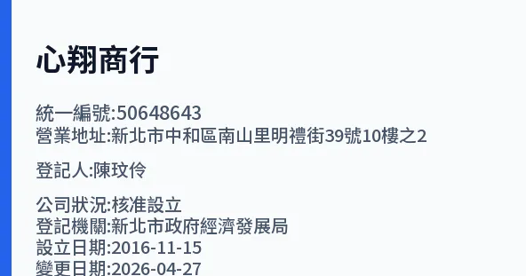 心翔商行的照片-統編 50648643(新北市) 公司登記資料與營業項目詳細圖表