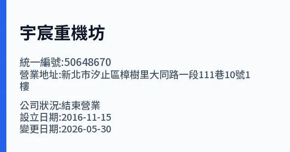 宇宸重機坊的照片-統編 50648670(新北市) 公司登記資料與營業項目詳細圖表