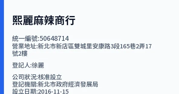 熙麗麻辣商行的照片-統編 50648714(新北市) 公司登記資料與營業項目詳細圖表