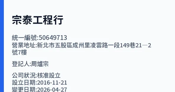 宗泰工程行的照片-統編 50649713(新北市) 公司登記資料與營業項目詳細圖表
