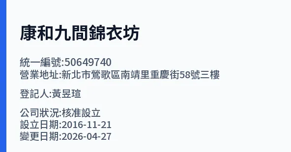 康和九間錦衣坊的照片-統編 50649740(新北市) 公司登記資料與營業項目詳細圖表