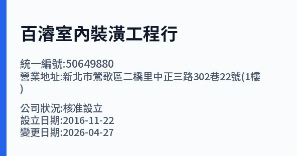 百濬室內裝潢工程行的照片-統編 50649880(新北市) 公司登記資料與營業項目詳細圖表