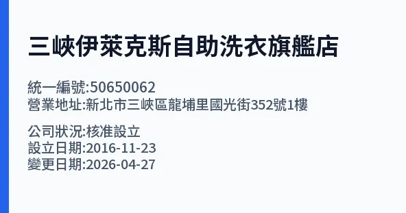 三峽伊萊克斯自助洗衣旗艦店的照片-統編 50650062(新北市) 公司登記資料與營業項目詳細圖表