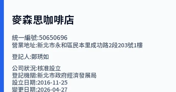 麥森思咖啡店的照片-統編 50650696(新北市) 公司登記資料與營業項目詳細圖表