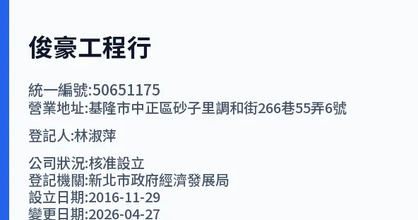 俊豪工程行的照片-統編 50651175(基隆市) 公司登記資料與營業項目詳細圖表