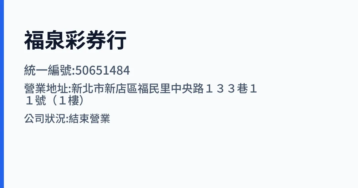 福泉彩券行 - 統編 50651484(新北市) 公司登記資料與營業項目詳細圖表