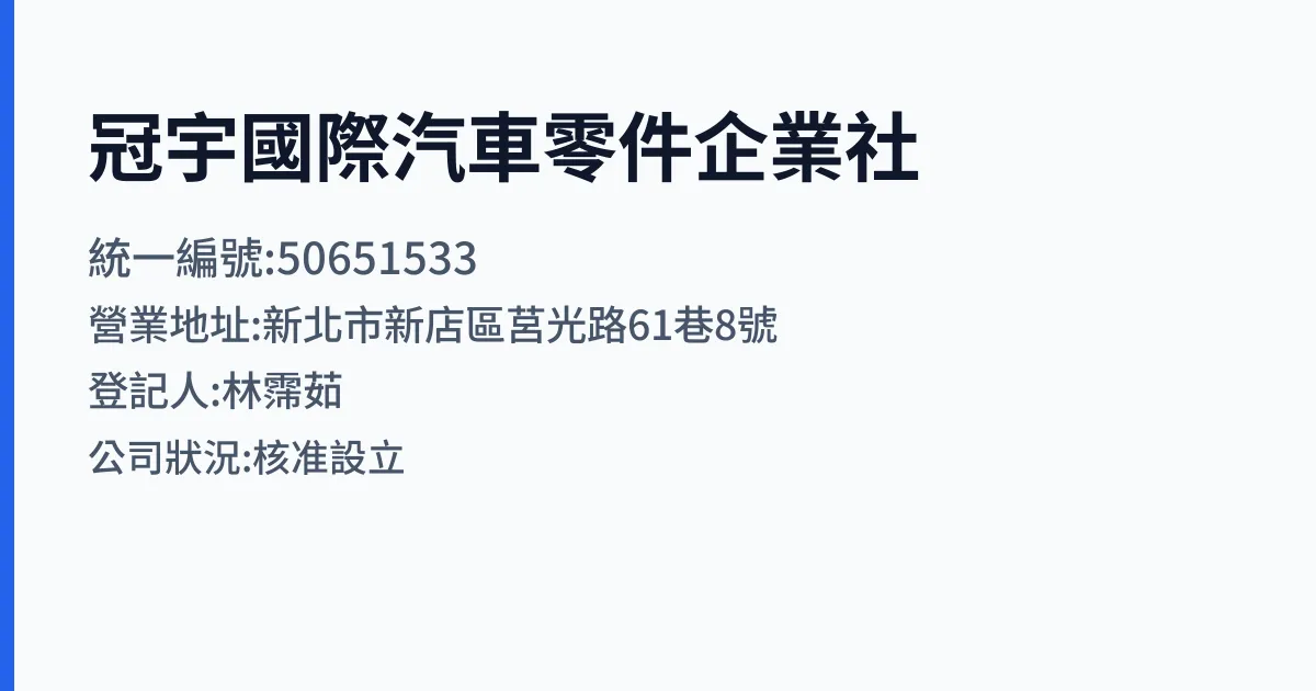 冠宇國際汽車零件企業社 - 統編 50651533(新北市) 公司登記資料與營業項目詳細圖表