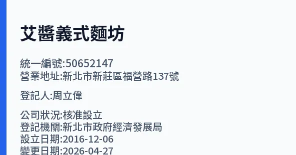 艾醬義式麵坊的照片-統編 50652147(新北市) 公司登記資料與營業項目詳細圖表
