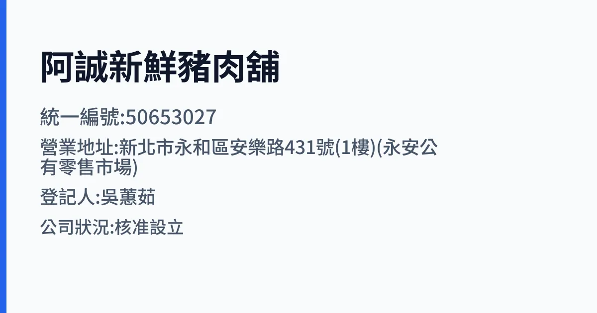 阿誠新鮮豬肉舖 - 統編 50653027(新北市) 公司登記資料與營業項目詳細圖表