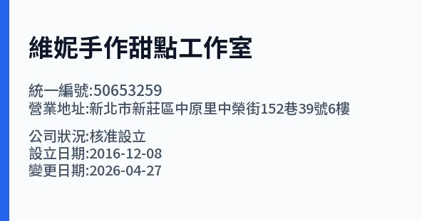 維妮手作甜點工作室的照片-統編 50653259(新北市) 公司登記資料與營業項目詳細圖表