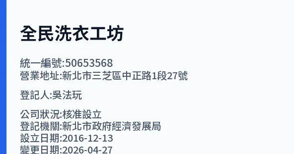 全民洗衣工坊的照片-統編 50653568(新北市) 公司登記資料與營業項目詳細圖表