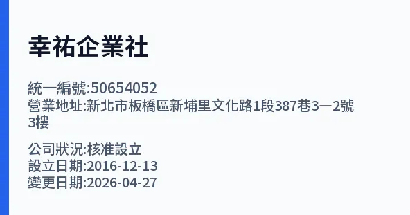 幸祐企業社的照片-統編 50654052(新北市) 公司登記資料與營業項目詳細圖表