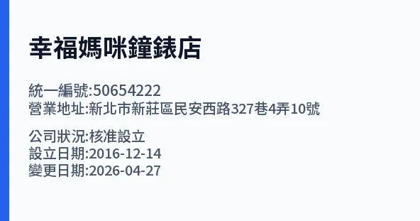 幸福媽咪鐘錶店的照片-統編 50654222(新北市) 公司登記資料與營業項目詳細圖表