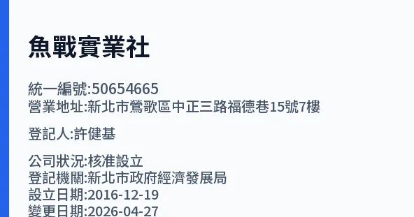 魚戰實業社的照片-統編 50654665(新北市) 公司登記資料與營業項目詳細圖表