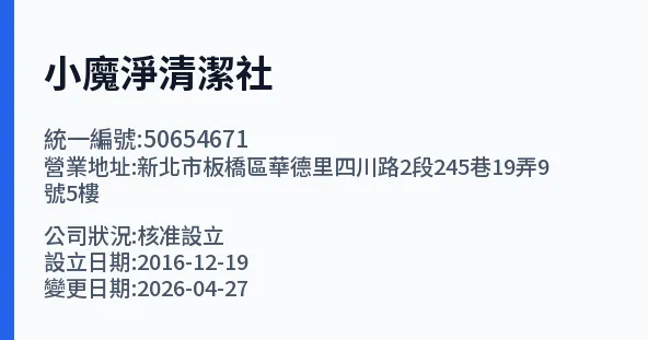 小魔淨清潔社的照片-統編 50654671(新北市) 公司登記資料與營業項目詳細圖表