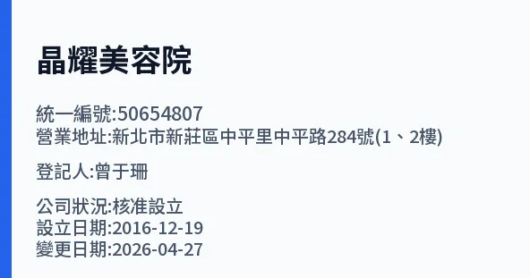 晶耀美容院的照片-統編 50654807(新北市) 公司登記資料與營業項目詳細圖表