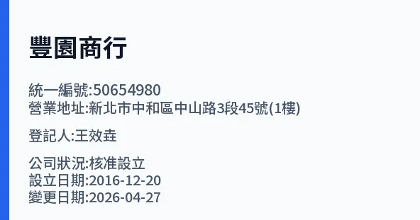 豐園商行的照片-統編 50654980(新北市) 公司登記資料與營業項目詳細圖表