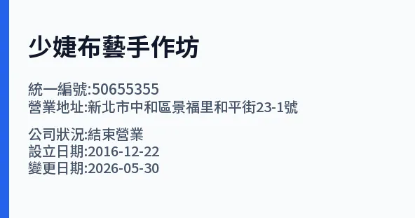 少婕布藝手作坊的照片-統編 50655355(新北市) 公司登記資料與營業項目詳細圖表