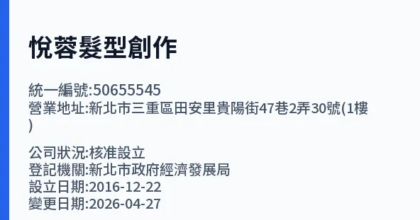 悅蓉髮型創作的照片-統編 50655545(新北市) 公司登記資料與營業項目詳細圖表