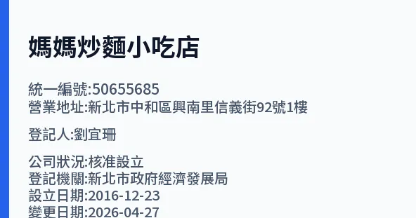 媽媽炒麵小吃店的照片-統編 50655685(新北市) 公司登記資料與營業項目詳細圖表