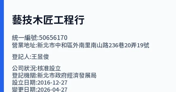 藝技木匠工程行的照片-統編 50656170(新北市) 公司登記資料與營業項目詳細圖表