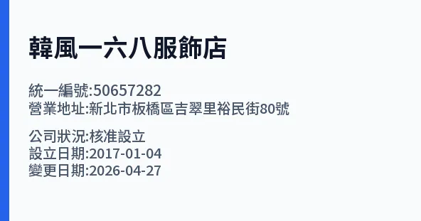 韓風一六八服飾店的照片-統編 50657282(新北市) 公司登記資料與營業項目詳細圖表