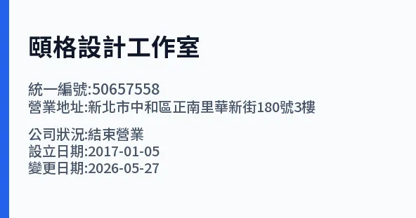 頤格設計工作室的照片-統編 50657558(新北市) 公司登記資料與營業項目詳細圖表