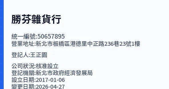 勝芬雜貨行的照片-統編 50657895(新北市) 公司登記資料與營業項目詳細圖表