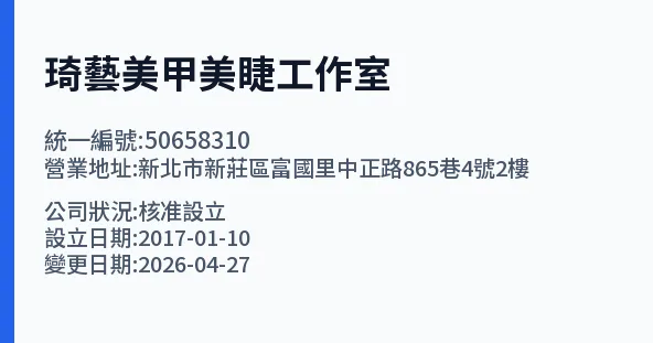 琦藝美甲美睫工作室的照片-統編 50658310(新北市) 公司登記資料與營業項目詳細圖表