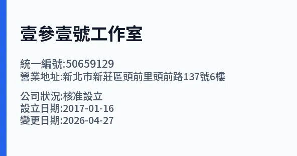 壹參壹號工作室的照片-統編 50659129(新北市) 公司登記資料與營業項目詳細圖表