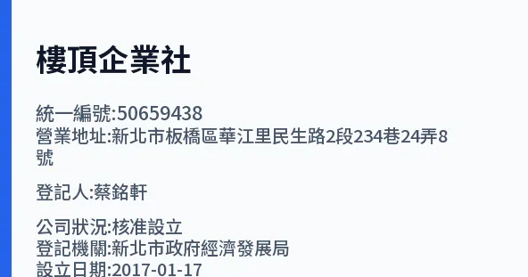 樓頂企業社的照片-統編 50659438(新北市) 公司登記資料與營業項目詳細圖表