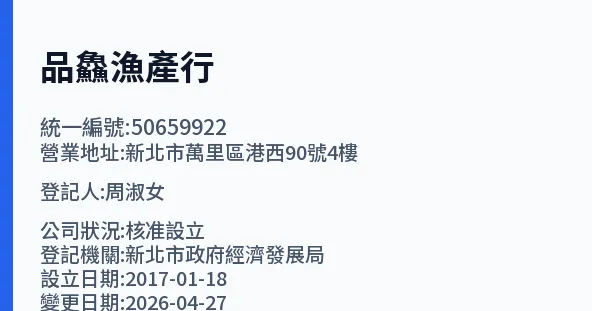 品鱻漁產行的照片-統編 50659922(新北市) 公司登記資料與營業項目詳細圖表