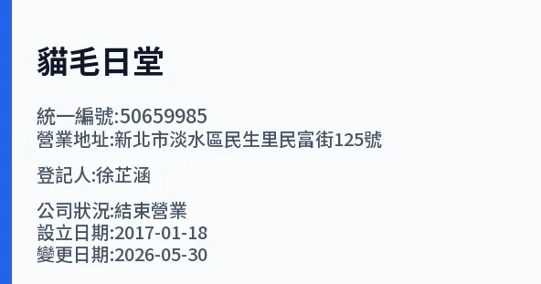 貓毛日堂的照片-統編 50659985(新北市) 公司登記資料與營業項目詳細圖表